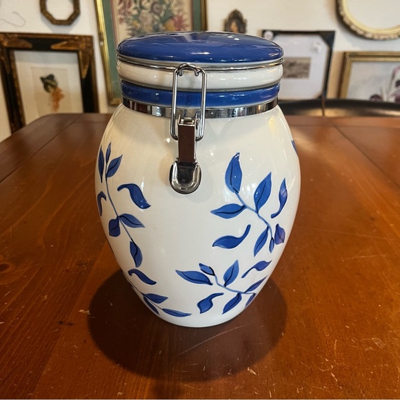 Accents | Inspirado Canister Cookie Jar White Blue Vines Hand Painted ...